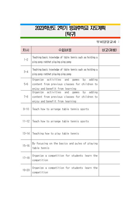 2023학년도 2학기 중등방과후학교 수업계획서 방콕한국국제학교