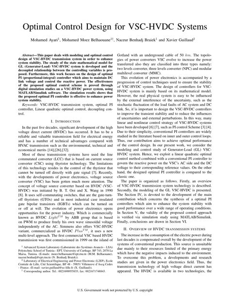 Pdf Optimal Control Design For Vsc Hvdc Systems