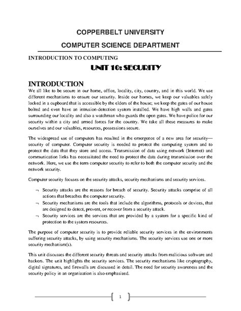 Introduction To Computing Cs O Lecture Notes Unit COPPERBELT UNIVERSITY COMPUTER SCIENCE