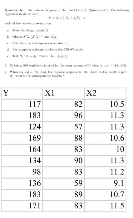 Solved Question 5 The Data Set Is Given In The Excel File