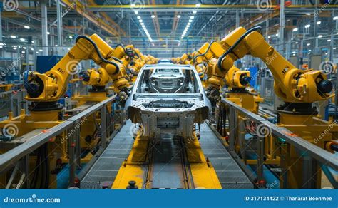 Futuristic Robotic Assembly Line Hums In Automotive Factory Depicting A Scene Of Advanced