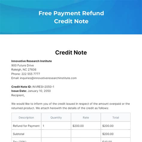 Free Payment Refund Credit Note Template Edit Online And Download