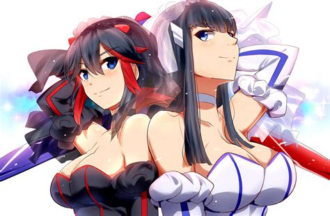 Girls Black Hair Blue Eyes Breasts Choker Cleavage Elbow Gloves Kill La Kill