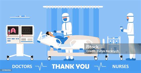 병원에서 일하는 의사와 간호사에게 감사드립니다 공기 산소 센서가있는 중환자실 클리닉이 배경에 표시됩니다 코로나 바이러스와 싸우는 의사에게 감사드립니다 1에 대한 스톡 벡터