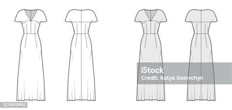 V넥 케이프 이펙트 반소매 앙클 플로어 길이 A라인 풍성함이 돋보이는 롱 드레스 테크니컬 패션 일러스트 0명에 대한 스톡 벡터 아트 및 기타 이미지 Istock