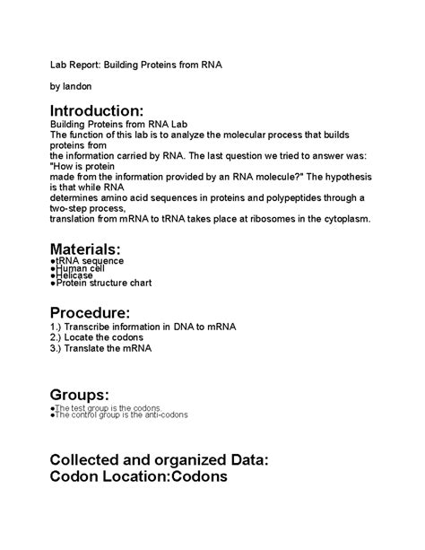 Lab Building Proteins From RNA Lab Report Building Proteins From RNA By Landon Introduction