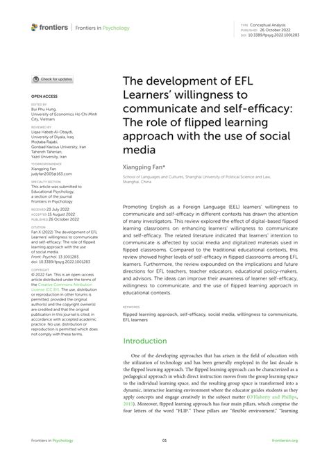 Pdf The Development Of Efl Learners Willingness To Communicate And Self Efficacy The Role Of