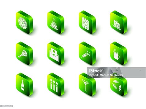 불타는 촛불 Lsd 산 마크 멀드 와인 사탕 불꽃놀이 로켓 마티니 잔 및 생일 케이크 아이콘이 있는 케이크를 설정합니다 벡터 3차원 형태에 대한 스톡 벡터 아트 및 기타