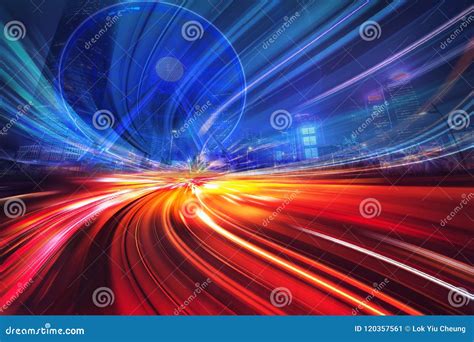 Motion Speed Light Tail Effect With Modern City In Background Stock