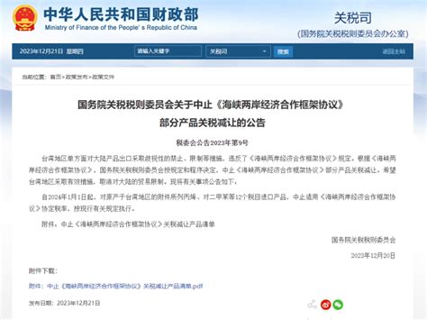 国务院关税税则委员会：中止《海峡两岸经济合作框架协议》部分产品关税减让