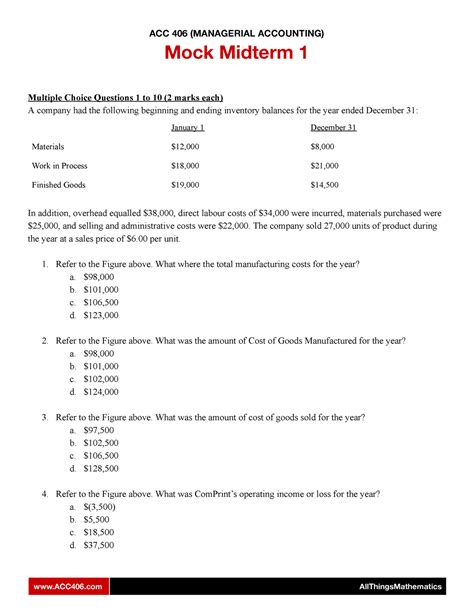 acc 406 mock midterm 1 acc 406 managerial accounting mock midterm 1