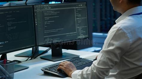 Engineer Overseeing Data Center Making Routine Improvements Stock