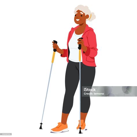 운동복을 입은 노인 흑인 여성이 북유럽 기둥과 함께 걷고 있습니다 늙은 활동적인 여성 캐릭터 미소 벡터 일러스트 레이 션 하이킹에 대한 스톡 벡터 아트 및 기타 이미지