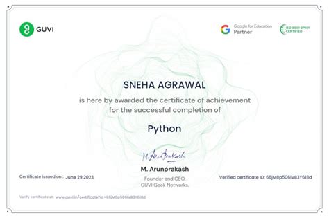 Sneha Agrawal On Linkedin Python Codingskills Guvi Certification