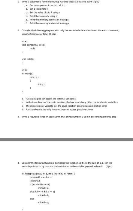 Solved Write C Statements For The Following Assume That X