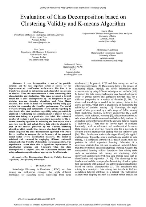 Pdf Evaluation Of Class Decomposition Based On Clustering Validity And K Means Algorithm