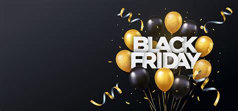 블랙 프라이데이 세일 배너 포스터 금색과 블랙 3d 의 사실적인 비행 풍선이 검은 색 배경에 전단지 디자인 최신 디자인 템플릿