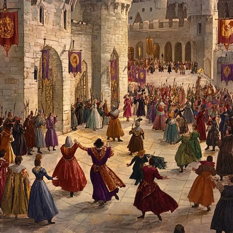 A Medieval Dance Festival With People In Period Attire Dancing In A Castles Great Hall Premium