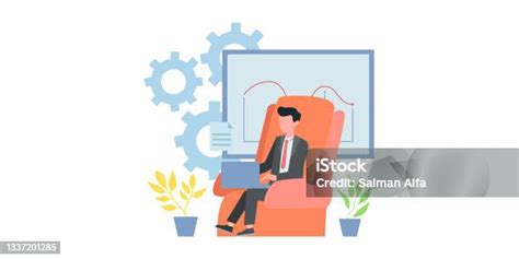 디지털 기술의 개념 비즈니스 그래픽과 협력 성공경력에 경력 성장 젊은 남자는 노트북과 함께 앉아 채팅에 다시 작성합니다 벡터 플랫 일러스트레이션 개념에 대한 스톡 벡터 아트