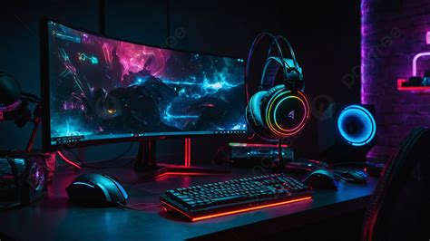 A High End Gaming Setup With Curved Monitor Rgb Keyboard Mouse And Headphones Glowing In Dark