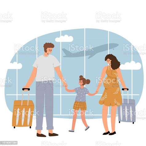 행복한 가족이 휴가를 준비했습니다 아버지 임신한 어머니 딸이 공항에서 여행 가방을 들고 있다 가방에 대한 스톡 벡터 아트 및
