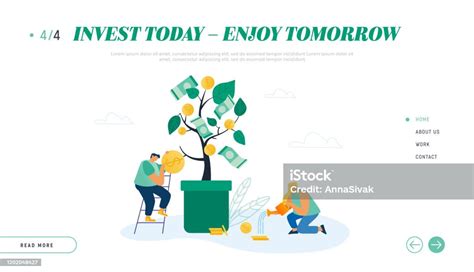 돈 나무를 성장 하는 사업가 저축 웹사이트 방문 페이지를 만들기 은행 소득 및 투자 사람들이 이익을 수확 은행 예금 성공 웹 페이지 배너 만화 플랫 벡터 일러스트 개념에