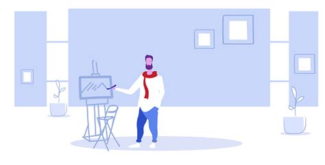 화가 들고 페인트 브러시 남자 예술가 그리기 이젤 워크샵 아트 스튜디오 인테리어 스케치 전체 길이 수평 가공의 인물에 대한 스톡 벡터 아트 및 기타 이미지 Istock