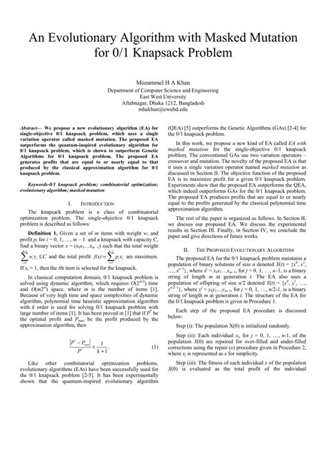 Pdf An Evolutionary Algorithm With Masked Mutation For 01 Knapsack