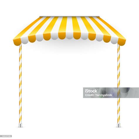 스탠드 홀더가 있는 노란색 상점 차양 현실적인 줄무늬 카페 차양 야외 시장 텐트 지붕 캐노피 여름 거리 상점 벡터 그림 가리기에 대한 스톡 벡터 아트 및 기타 이미지