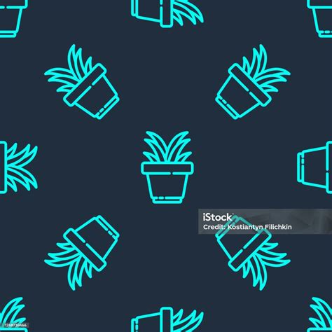녹색 라인 꽃 냄비 아이콘 은 파란색 배경에 원활한 패턴을 분리 냄비에서 자라는 식물 화분에 심은 식물 표지판 벡터 일러스트레이션 0명에 대한 스톡 벡터 아트 및 기타
