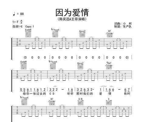 因为爱情吉他谱 陈奕迅and王菲《因为爱情》六线谱e调吉他谱 318曲谱