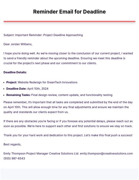 Reminder Email For Deadline Example Edit And Download