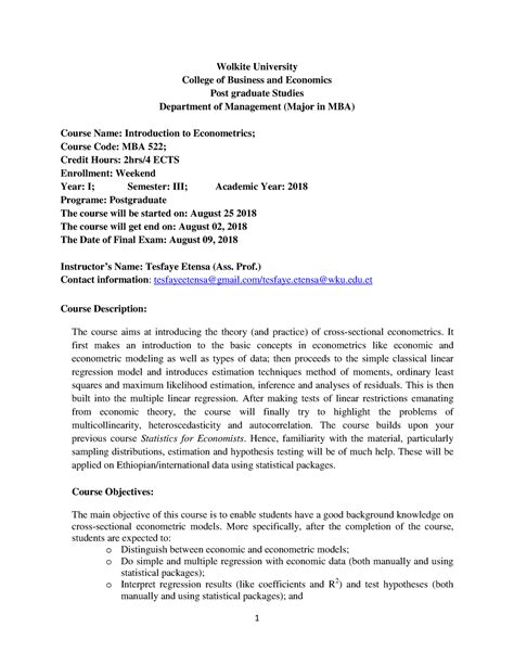 Econometrics Course Outline Wolkite University College Of Business And Economics Post Graduate