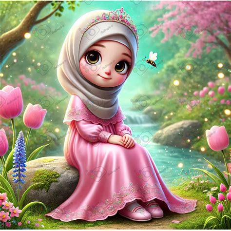 بک گراند کودکانه دختر ناز با حجاب و زنبور کوچولو در باغ گل لاله کد