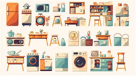 Modern Household Appliances Icons Set In 2d Flat Cartoon Style