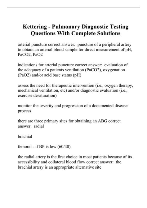 Kettering Pulmonary Diagnostic Testing Questions With Complete