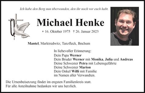 Traueranzeige Michael Henke Mantel Oberpfalzecho