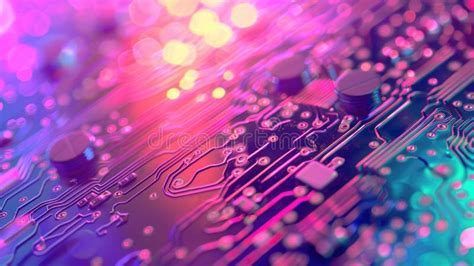 A Close Up Of A Computer Circuit Board With Pink And Blue Lights Aig51a Stock Illustration