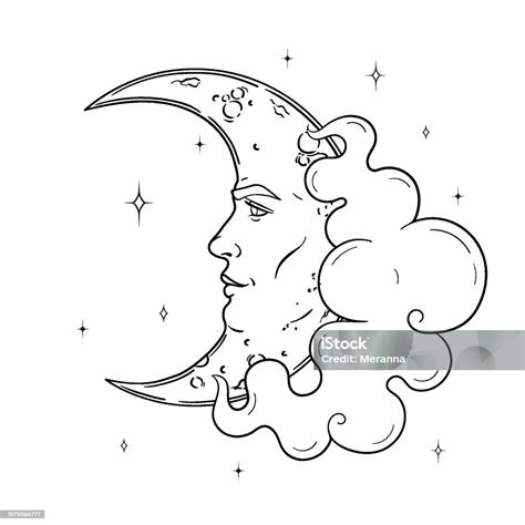 얼굴 별 구름 라인 아트 스타일 흰색 배경에 격리된 난해하고 오컬트적인 마법 표지판이 있는 벡터 초승달 검은색에 대한 스톡 벡터 아트 및 기타 이미지 Istock