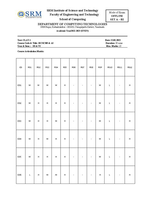Set A Set B Batch 2 Ct1 Answer Key Srm Institute Of Science And Technology Faculty Of