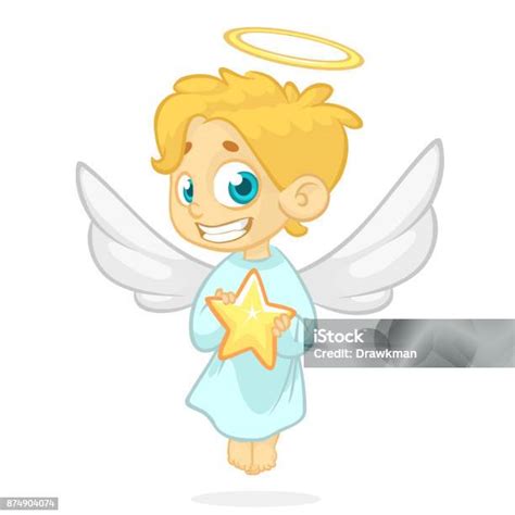 귀여운 만화 엔젤 스타를 들고입니다 크리스마스의 만화 벡터 일러스트 절연입니다 소년에 대한 스톡 벡터 아트 및 기타 이미지 소년 천사 겨울 Istock