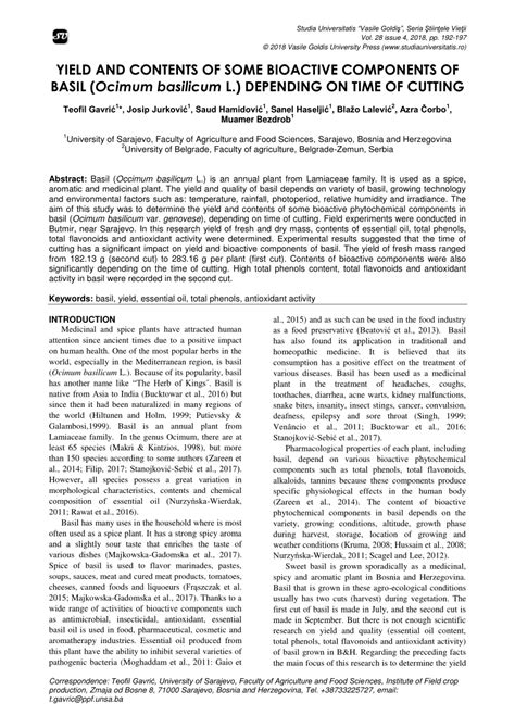 Pdf Yield And Contents Of Some Bioactive Components Of Basil Ocimum Basilicum L Depending