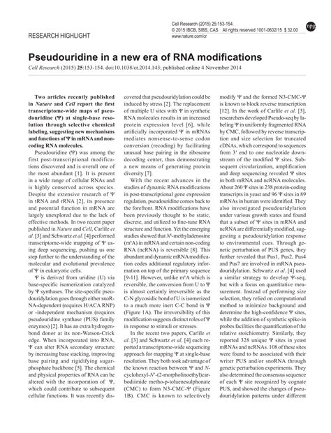 Pdf Pseudouridine In A New Era Of Rna Modifications