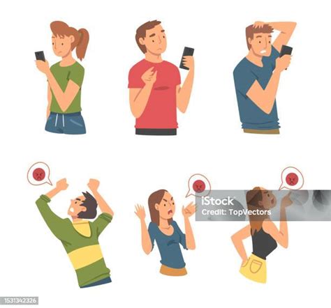 젊은 화난 남자와 여자 캐릭터는 분노한 얼굴을 학대하고 스마트폰 벡터 세트로 피해자를 가졌다 Brand Name Smart