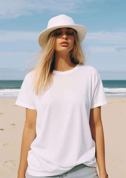 Premium Ai Image Beautiful Blond Surfer Woman Wearing Blank White Tshirt At The Beach White
