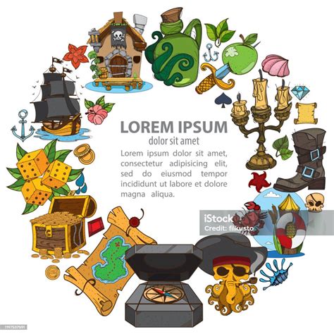 해적 테마의 둥근 프레임입니다 어린이 게임과 상품의 다양한 디자인 만화 스타일의 재미있는 캐릭터 단도에 대한 스톡 벡터 아트 및