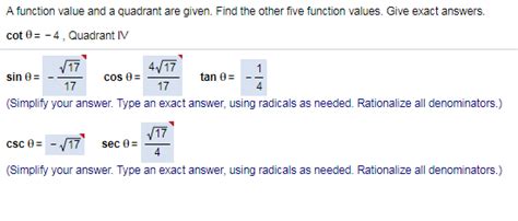 Solved A Function Value And A Quadrant Are Given Find The Chegg
