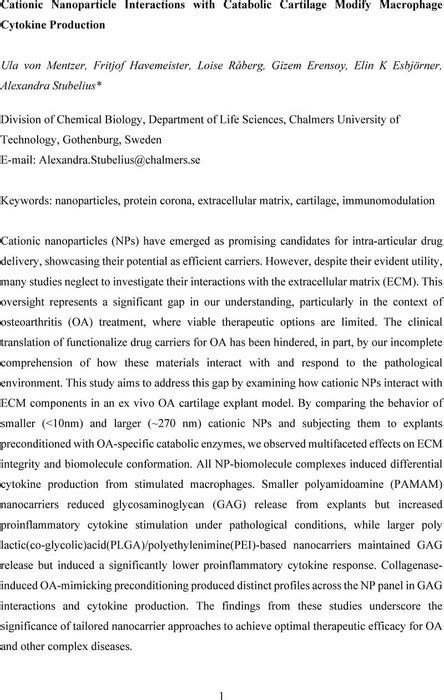 Cationic Nanoparticle Interactions With Catabolic Cartilage Modify