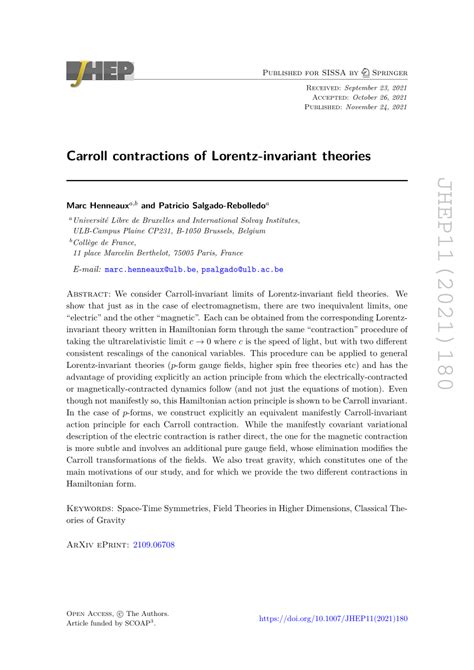Pdf Carroll Contractions Of Lorentz Invariant Theories