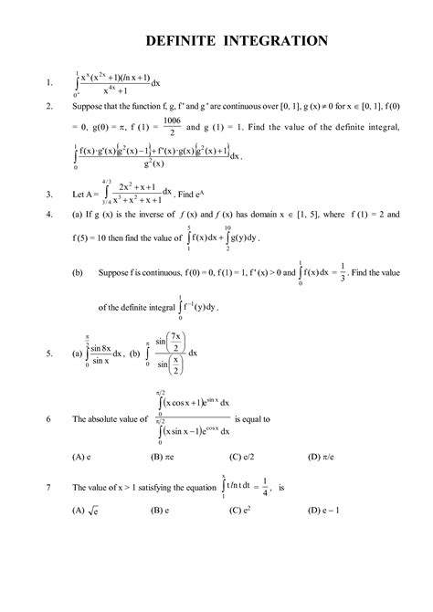 SOLUTION Definite Integration Practice Problems Studypool
